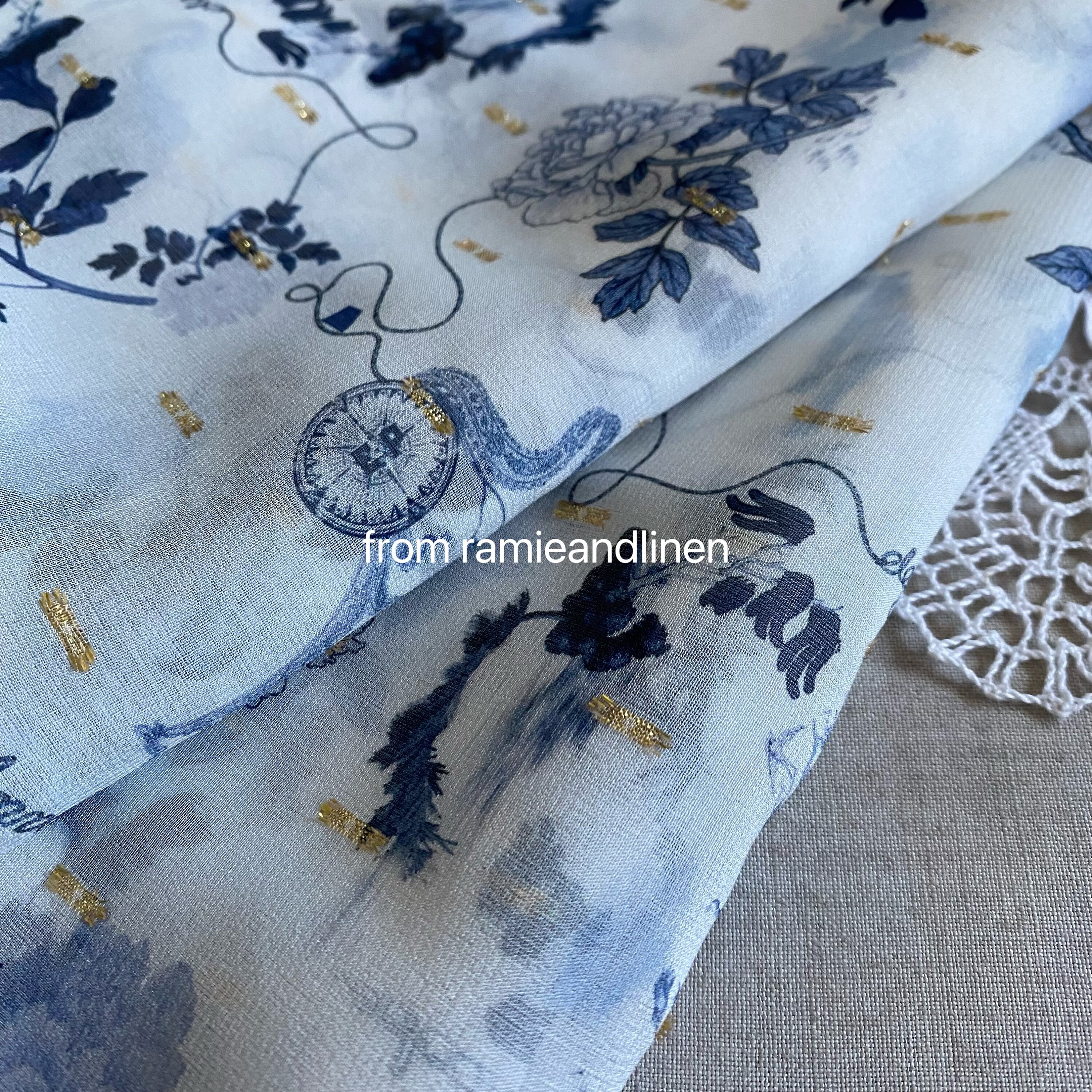 Silk Fabric, HARD YARD by 55" Wide, Vintage Style Pattern China Blue ...