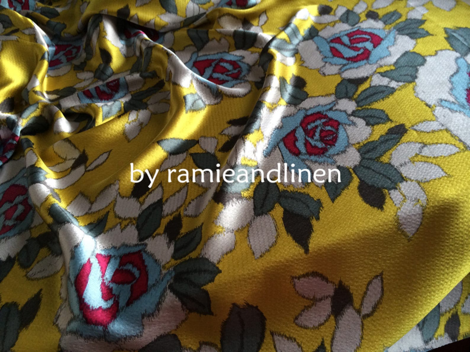Silk Fabric Deep Pink and Blue Roses on Mustard Yellow Silk - Etsy