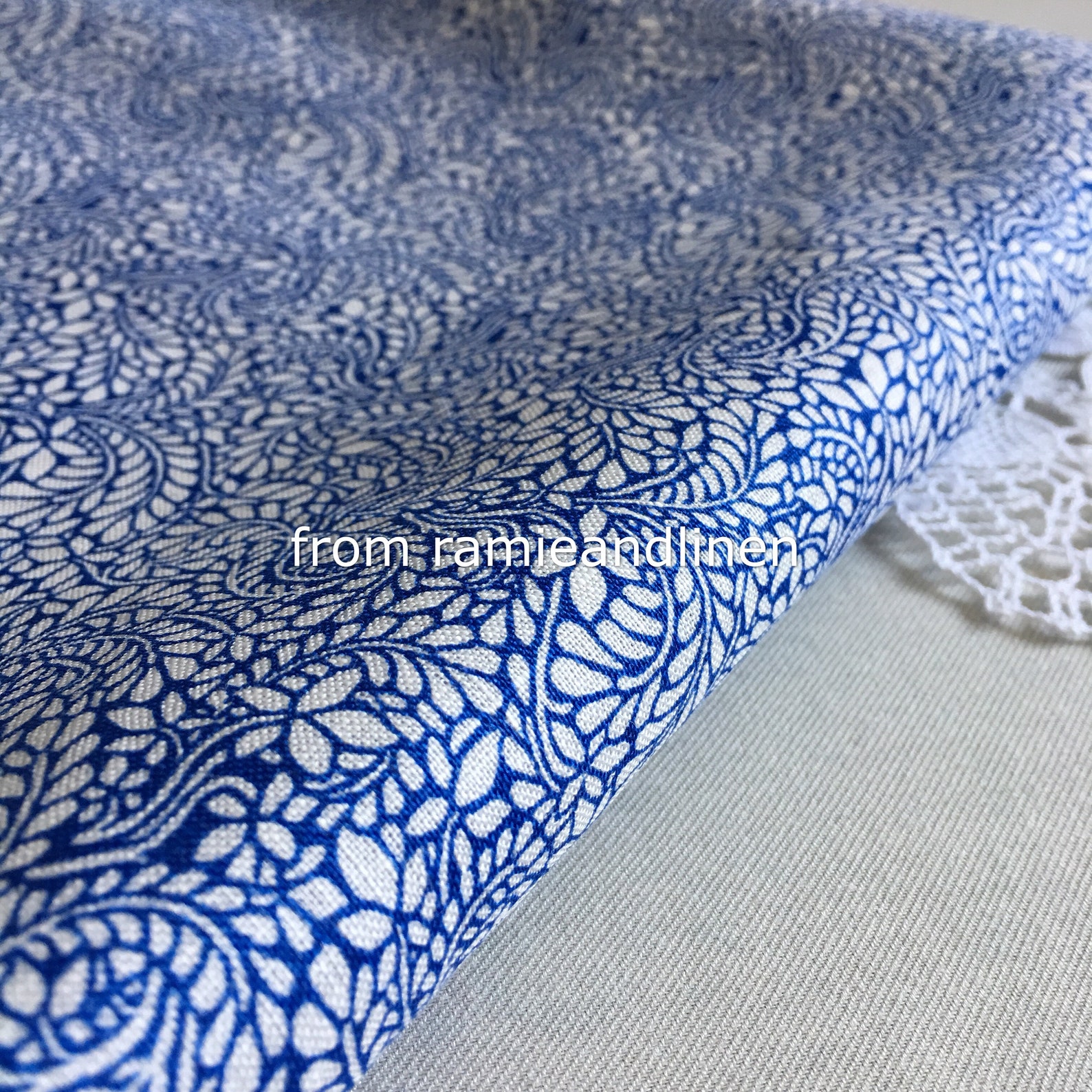 Japanese Linen Fabric, Blue Scroll Grass Pattern Print Fine Linen ...