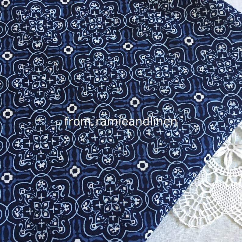 Japanese Fabric, Blue Floral Pattern Print Fine Cotton Fabric, Half ...