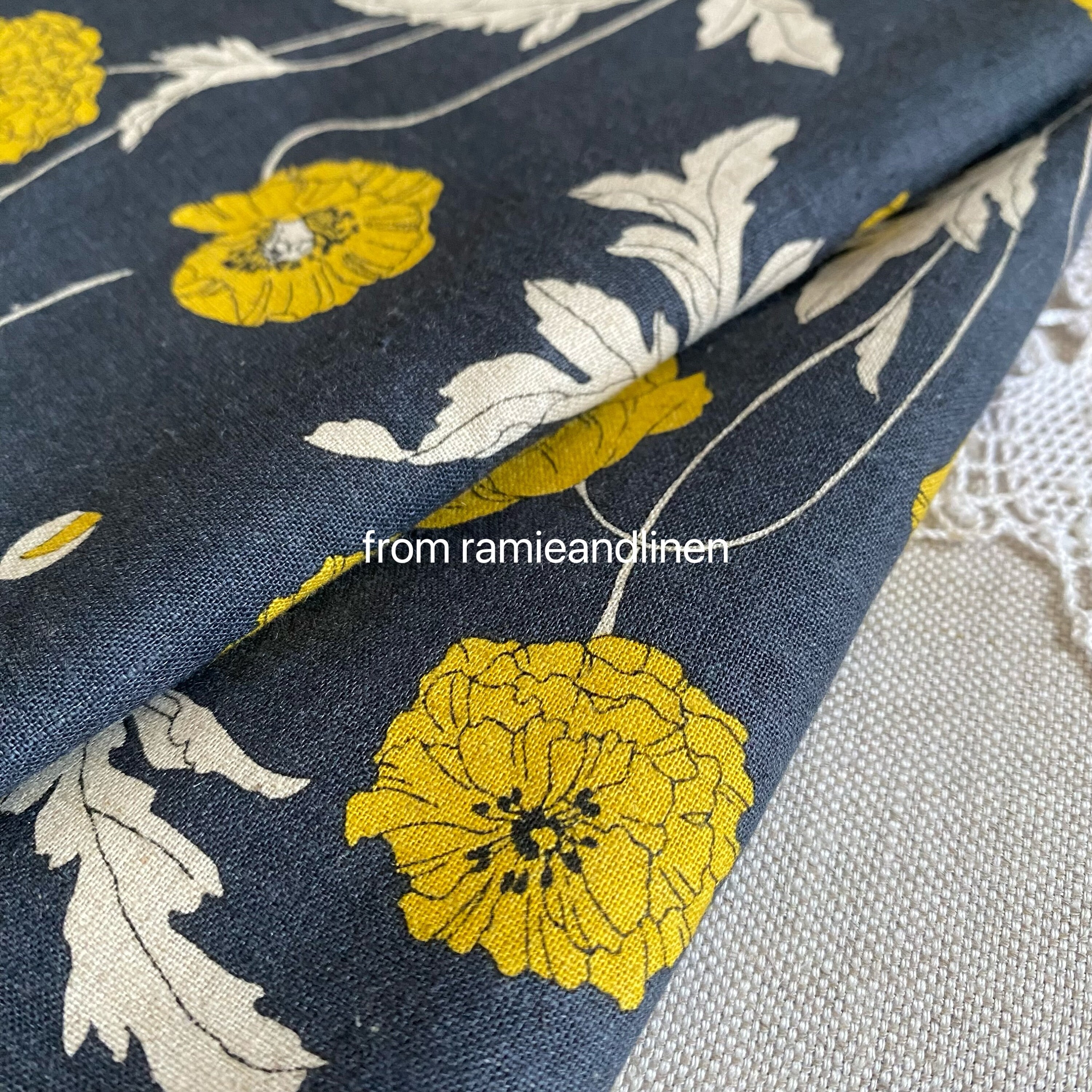 Japanese Linen Fabric, Line Drawing Style Yellow Poppy Flowers Print ...