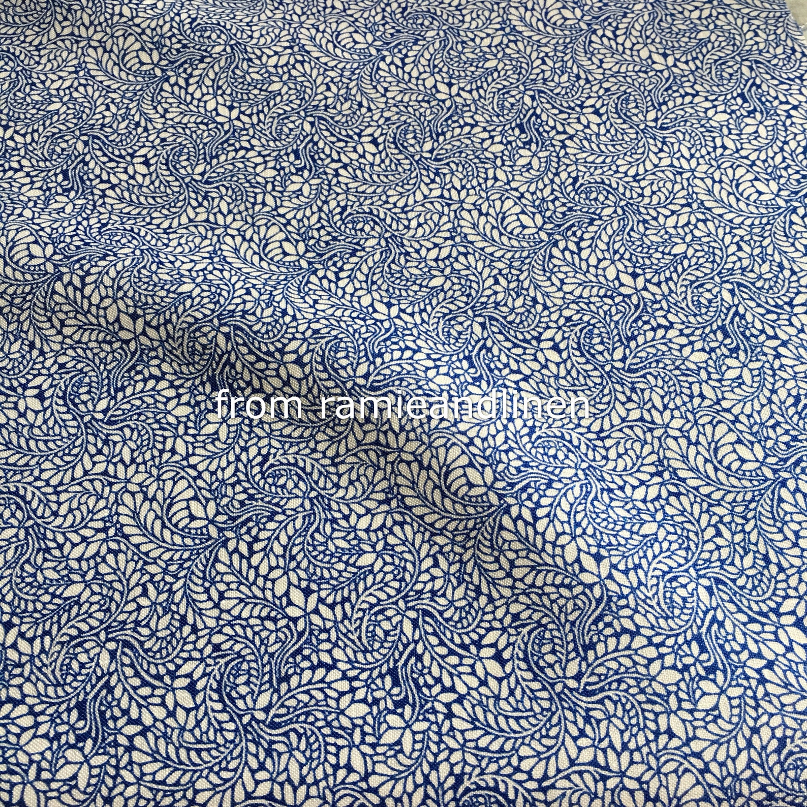 Japanese Linen Fabric, Blue Scroll Grass Pattern Print Fine Linen ...