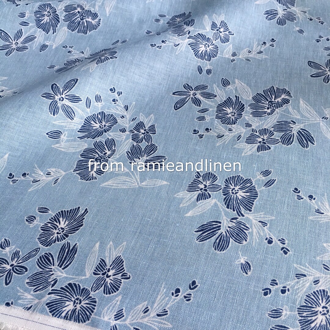 Linen Fabric, Blue Floral Print Linen Fabric, Half Yard by 53" Wide - Etsy