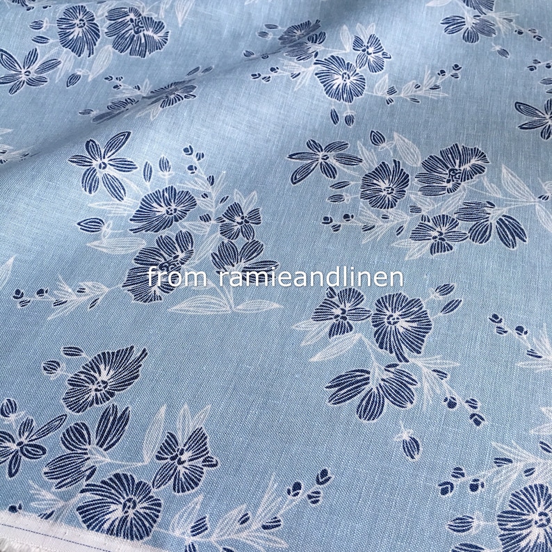 Linen Fabric Blue Floral Print Linen Fabric Half Yard by - Etsy