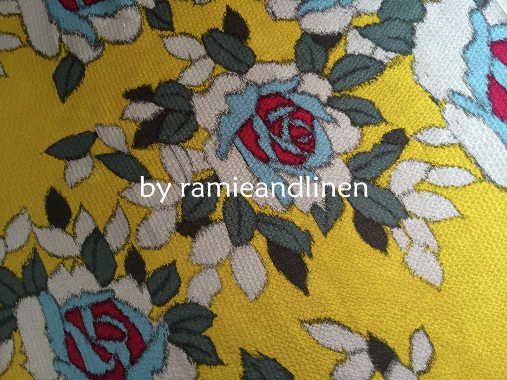 Silk fabric deep pink and blue roses on mustard yellow silk | Etsy