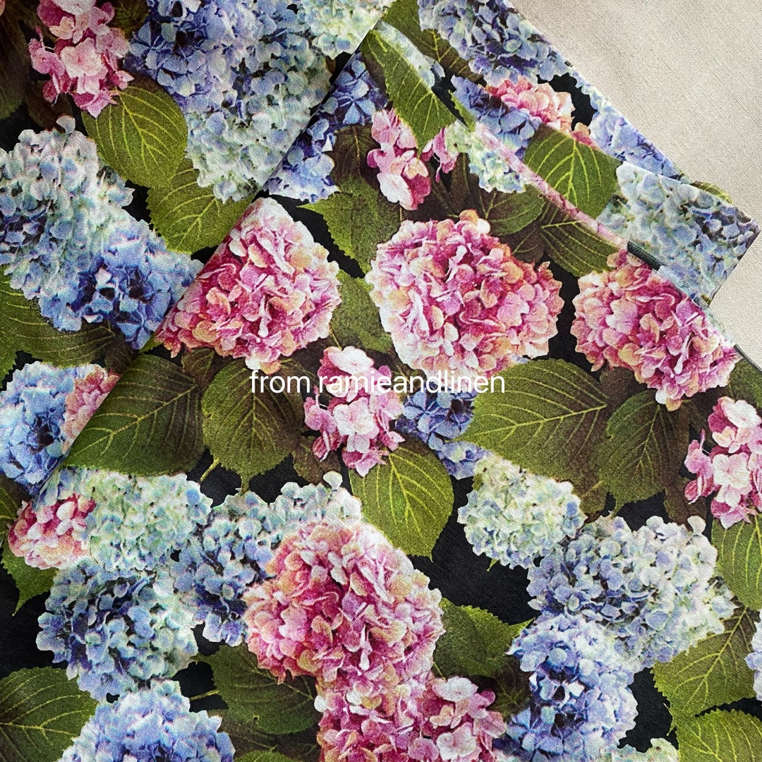 Silk Fabric, Digital Printed Hydrangea Floral Silk Cotton Blend Fabric ...