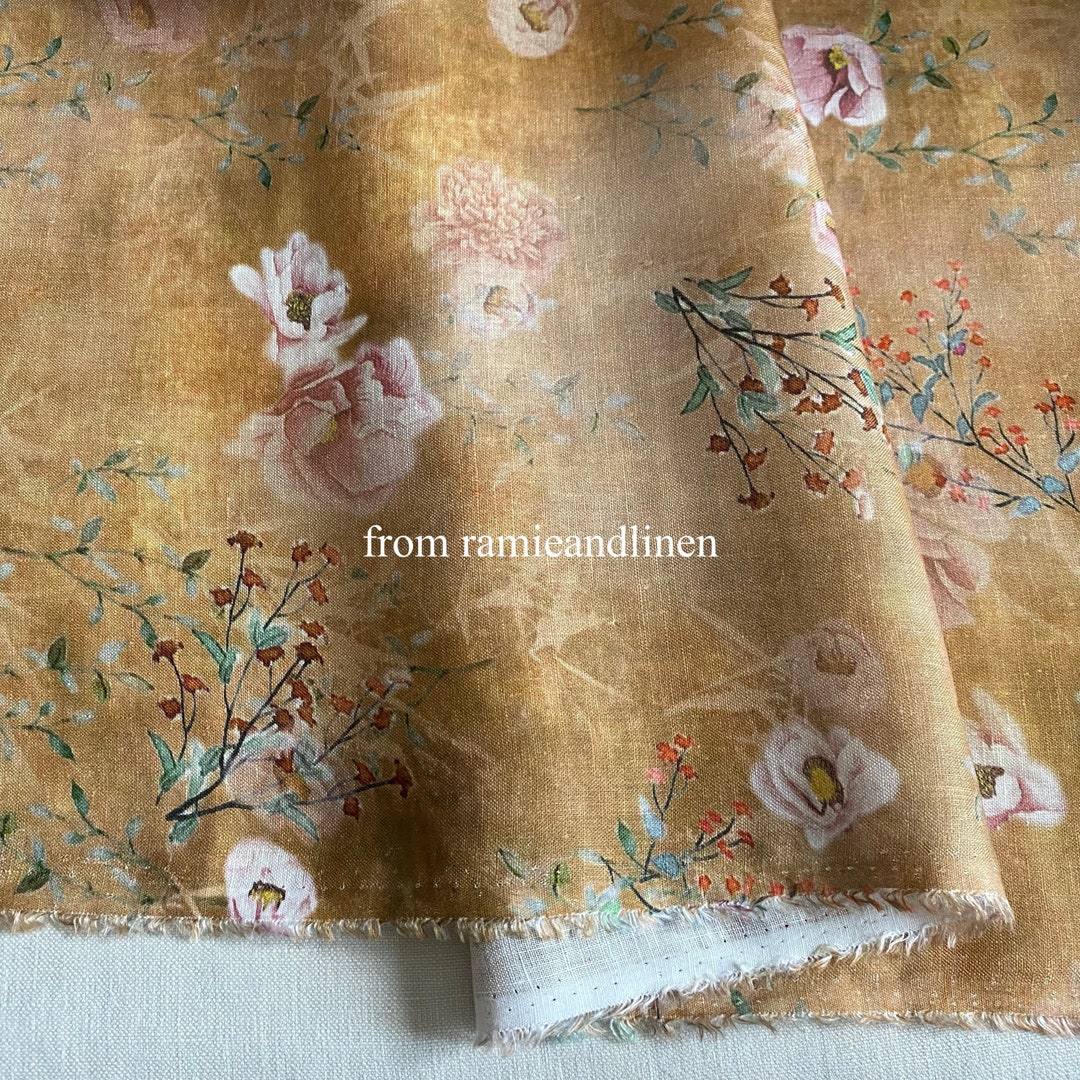 Linen Fabric, Digital Print, Vintage Style Floral Print, Fine Linen ...