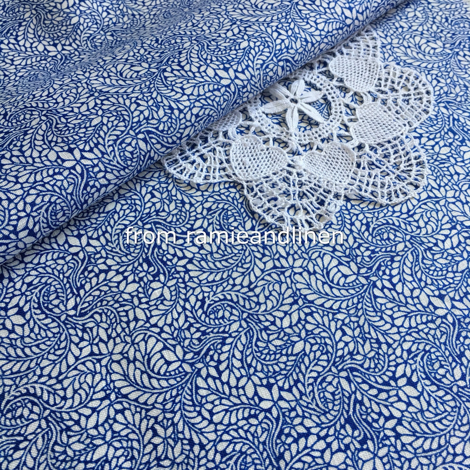 Japanese Linen Fabric, Blue Scroll Grass Pattern Print Fine Linen ...