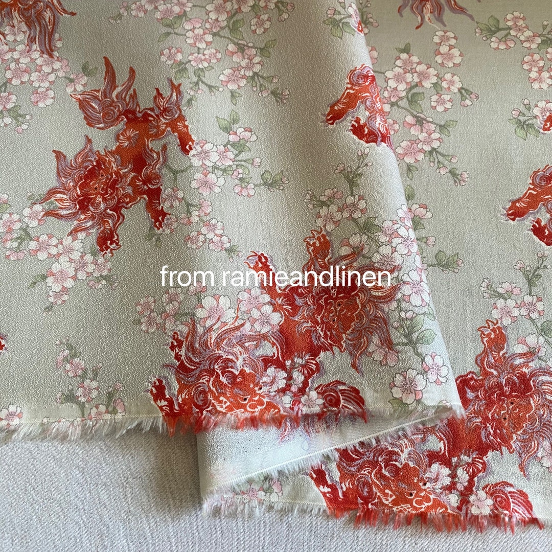 Japanese Cotton Crepe Fabric, Red Kylin and Sakura Print Cotton Kimono ...