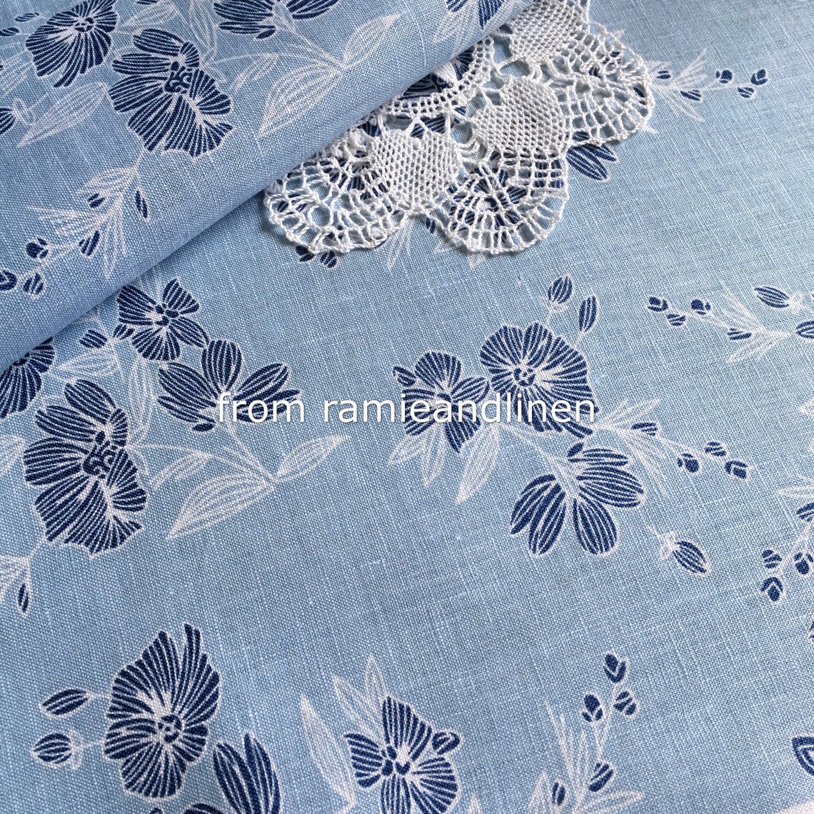 Linen Fabric, Blue Floral Print Linen Fabric, Half Yard by 53" Wide - Etsy