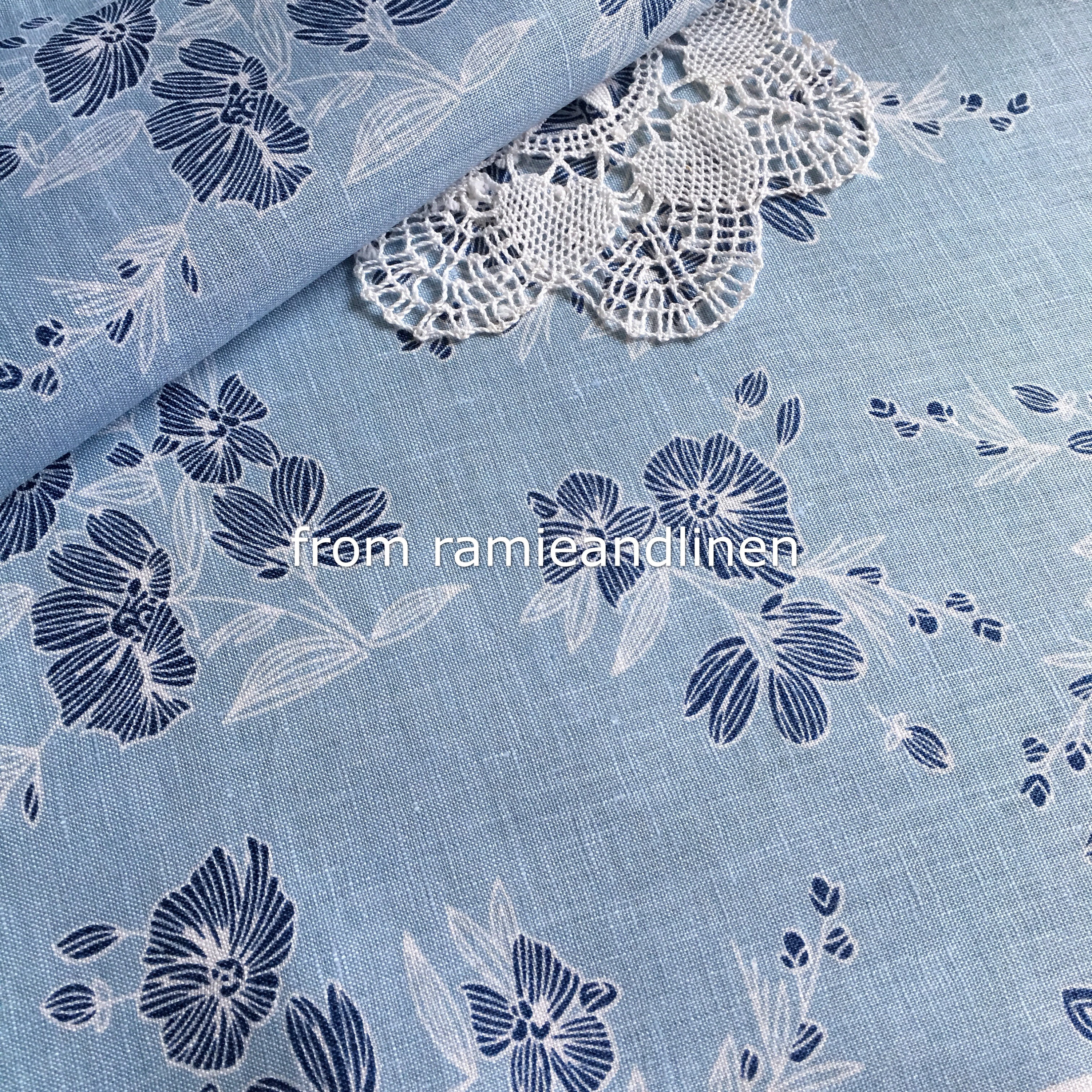 Linen Fabric, Blue Floral Print Linen Fabric, Half Yard by 53" Wide - Etsy