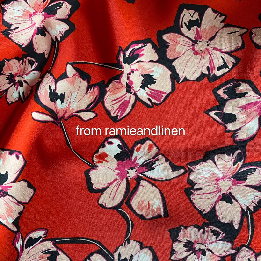 Silk Fabric, Flowers on Red Print Silk Twill Fabric, Half Yard by 46 ...
