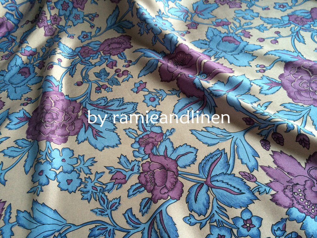 Silk Fabric Blue and Violet Flowers on Purple Gray 100% - Etsy