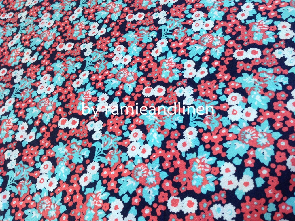 Cotton Fabric, Vintage Style Floral Print on Dark Navy Cotton Fabric ...