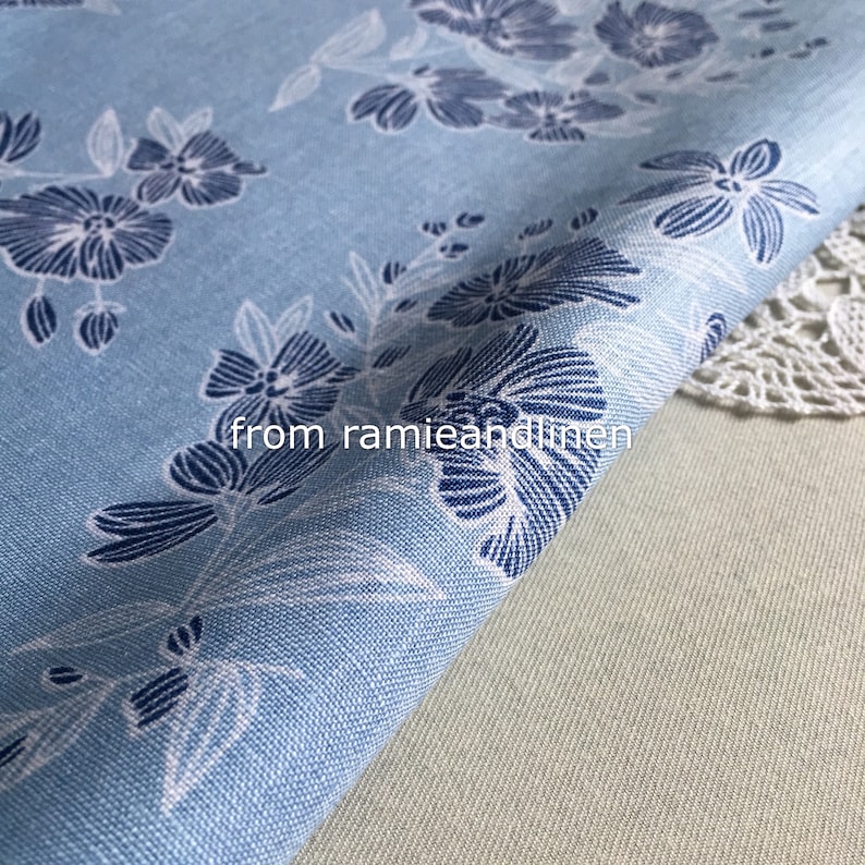 Linen Fabric, Blue Floral Print Linen Fabric, Half Yard by 53" Wide - Etsy