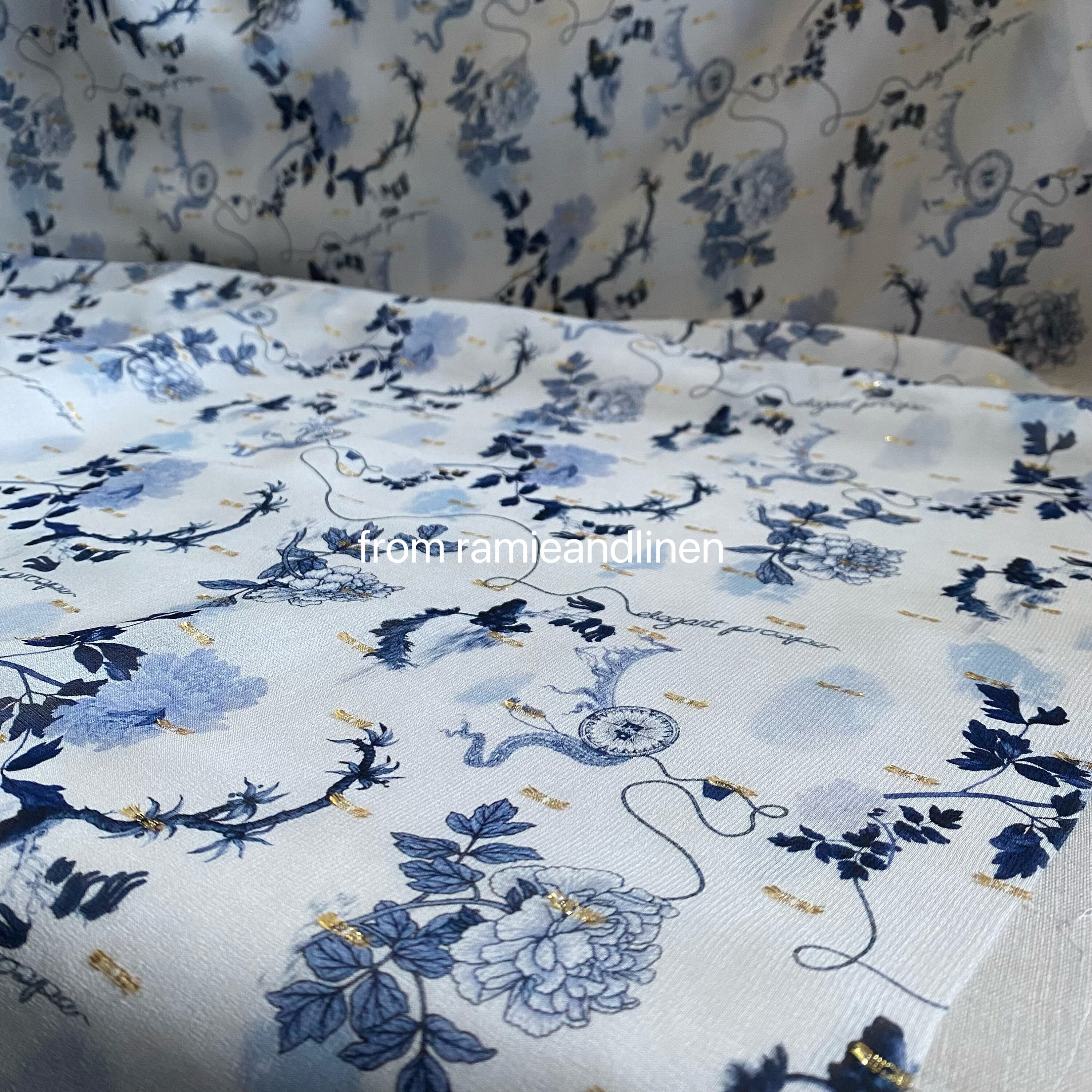 Silk Fabric, HARD YARD by 55" Wide, Vintage Style Pattern China Blue ...