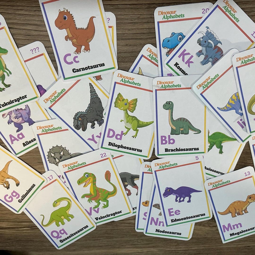 Dinosaur Alphabet Flashcards; Cartoon Learning Cards (PDF Downloadable ...