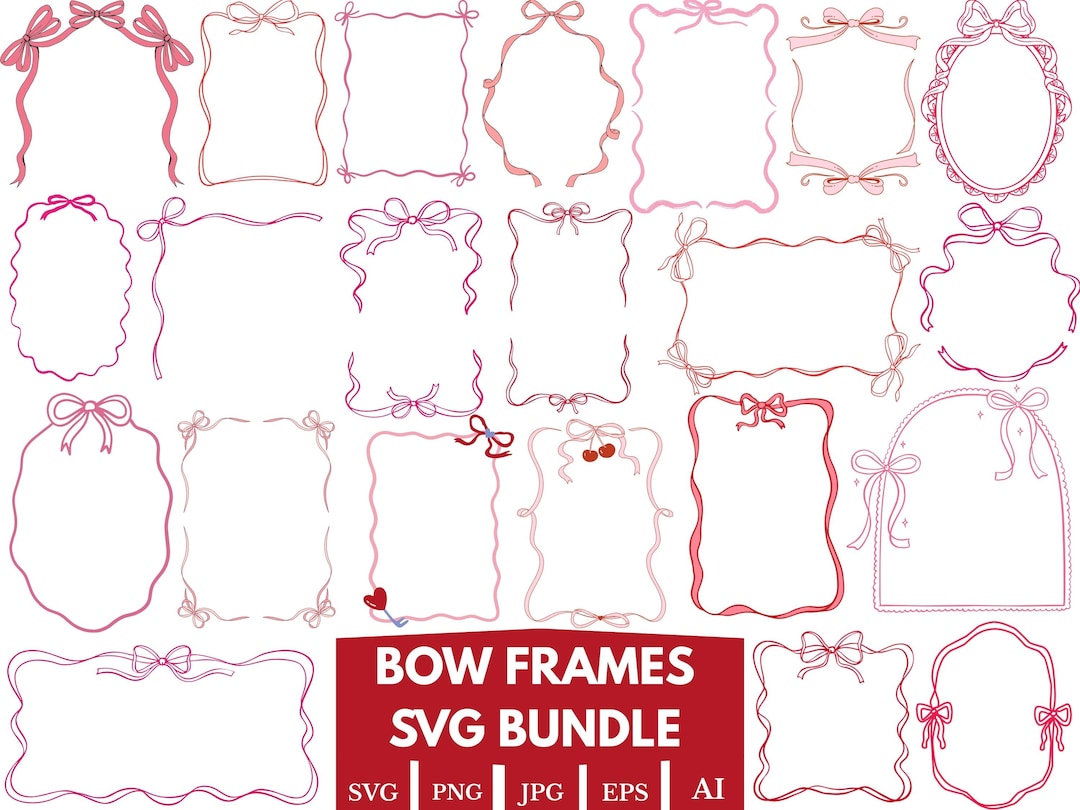 Bow Frames SVG Bundle: Hand Drawn Ribbon Bows, Wavy Borders (digital ...