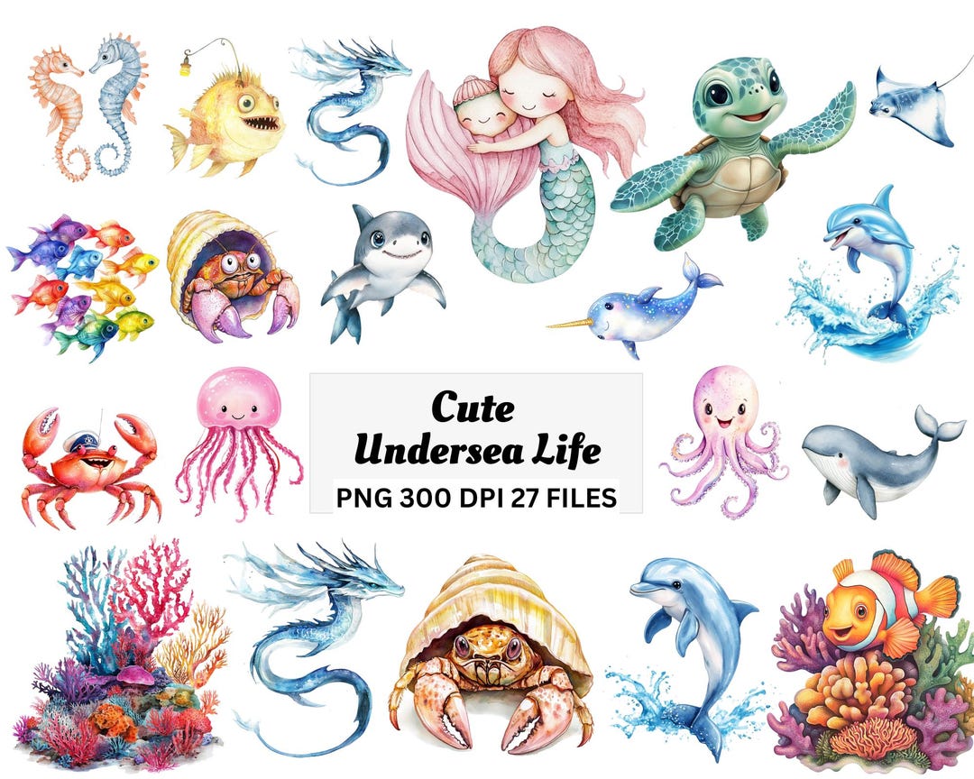 Watercolor Sea Life Clipart Bundle: Ocean Animals PNG (digital Download ...