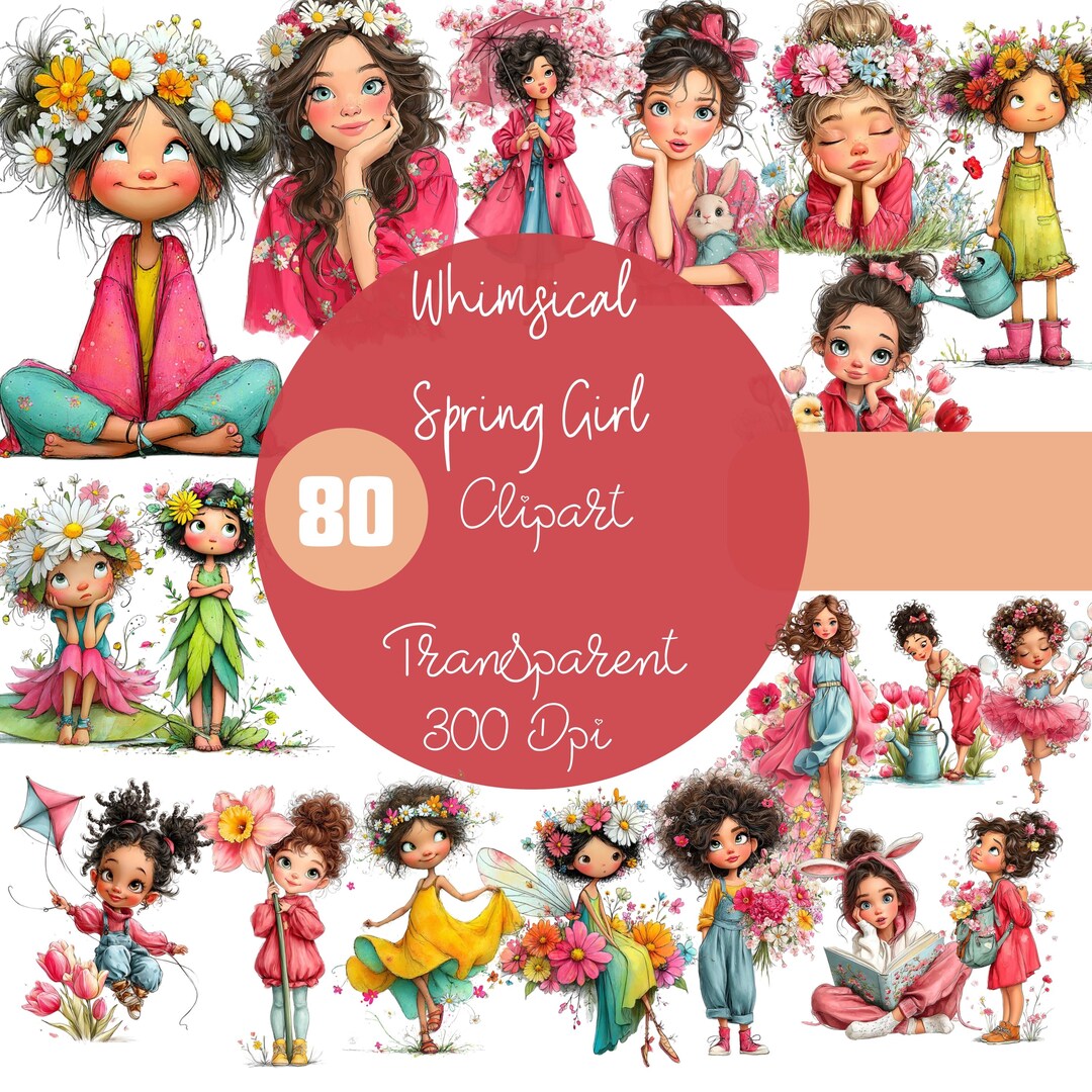 Whimsical Spring Girl Clipart Bundle, Watercolor Children Art ...