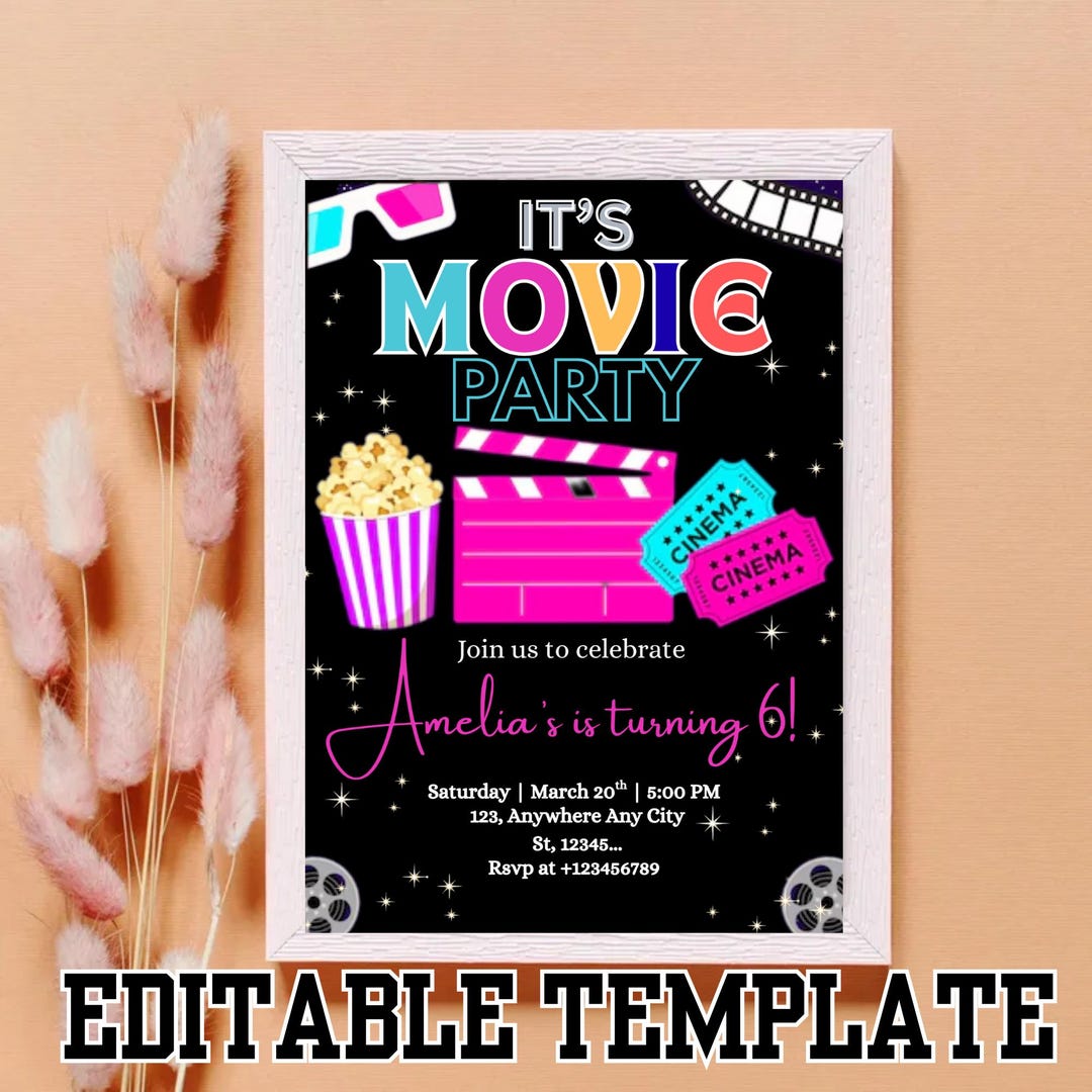 Pink Movie Night Birthday Invitation: Editable Canva Template (5x7" PDF ...