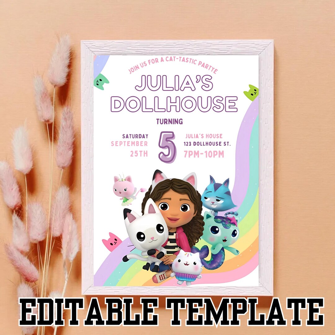 Editable Gabbys Dollhouse Birthday Invitation Template, Digital Gabby ...