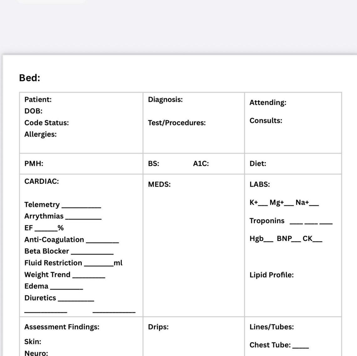 Printable Nurse Report Sheet | Cardiac Nurse | Cardiovascular Nurse ...
