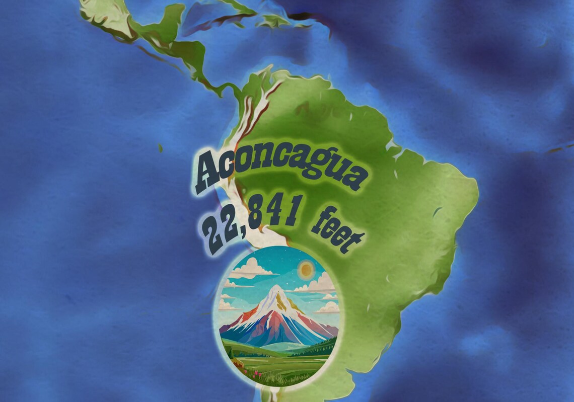 World Map With Highest Mountains on Each Continent - Educational ...