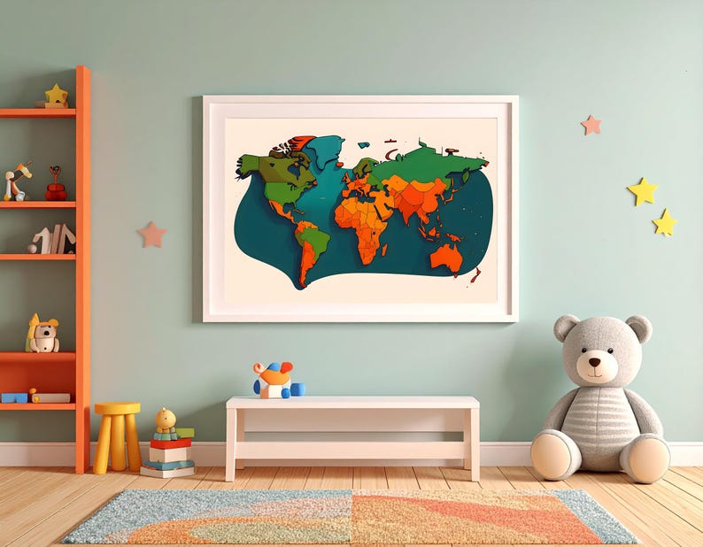 Modern Colorful World Map for Kids | Illustrated Wall Art Printable ...