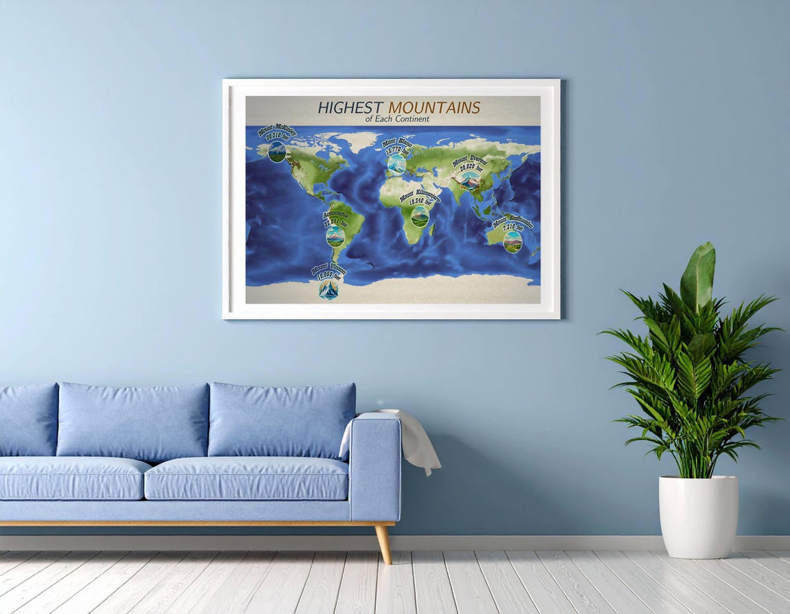 World Map With Highest Mountains on Each Continent - Educational ...