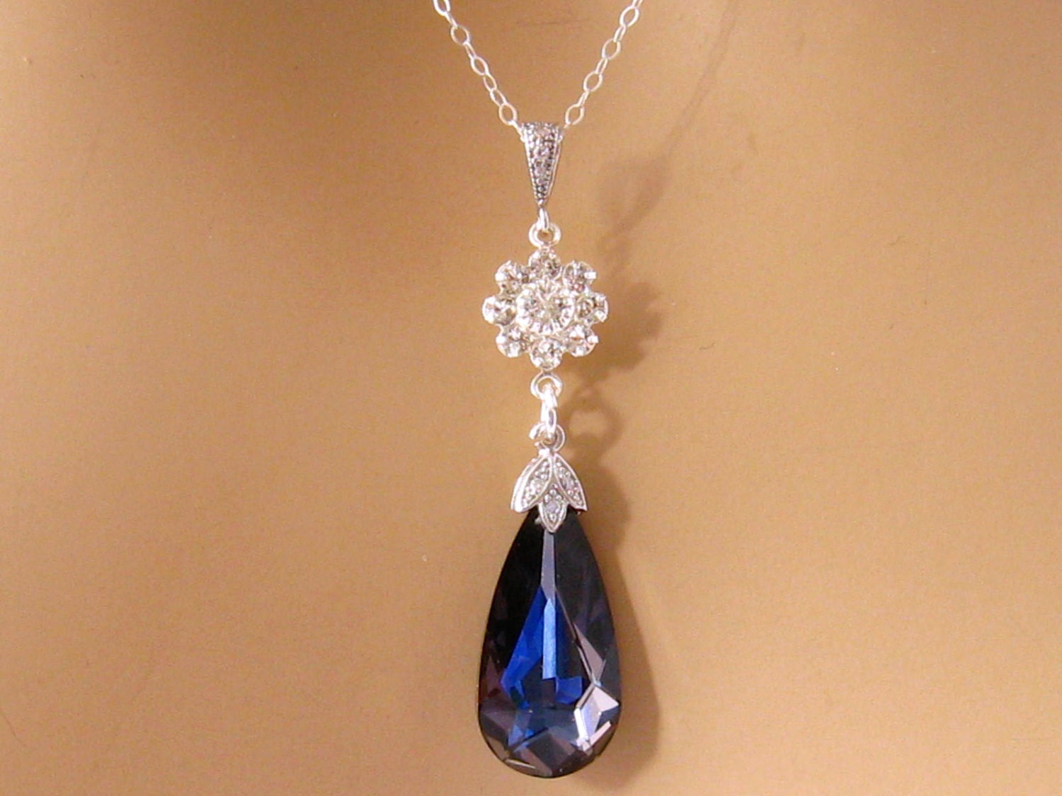 Ocean Blue Necklace CZ Royal Blue Necklace Dark Blue Wedding | Etsy