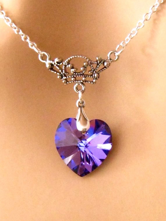 Purple Heart Necklace Crystal Bridesmaids Jewelry: Romantic Victorian ...