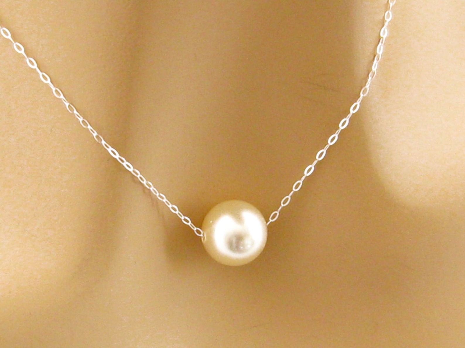 Large Floating Pearl Necklace, Bridesmaid Necklace, Sterling Silver, 12 ...