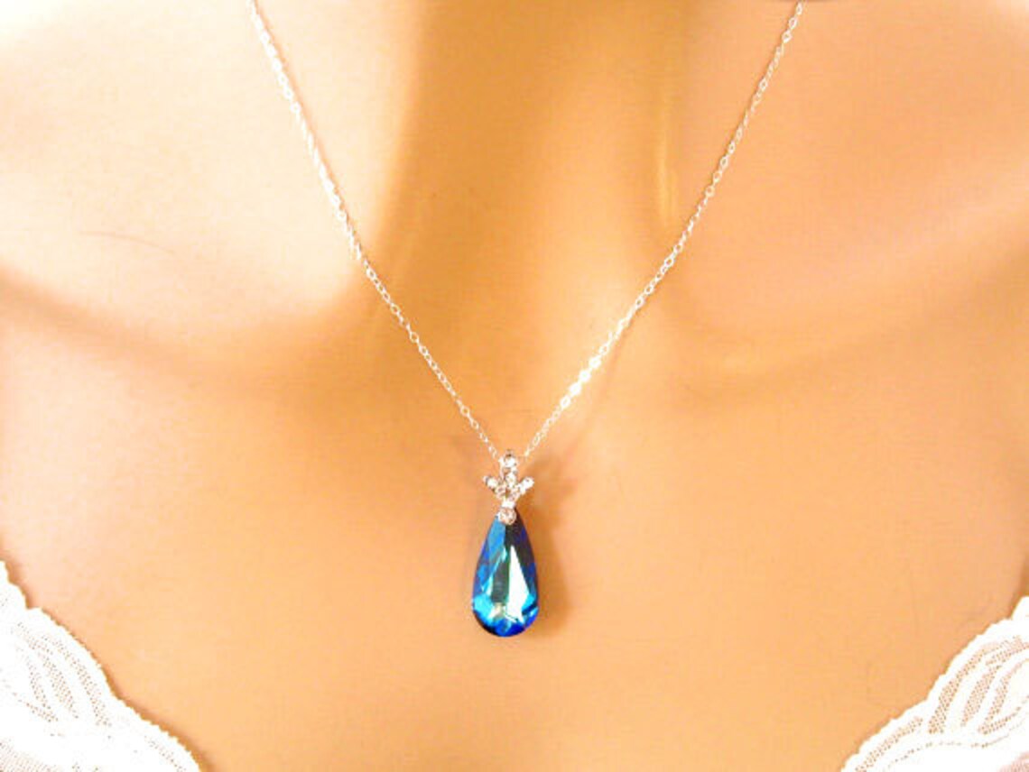 Blue Crystal Necklace, Blue Bridesmaid Jewelry, Swarovski Blue Necklace ...