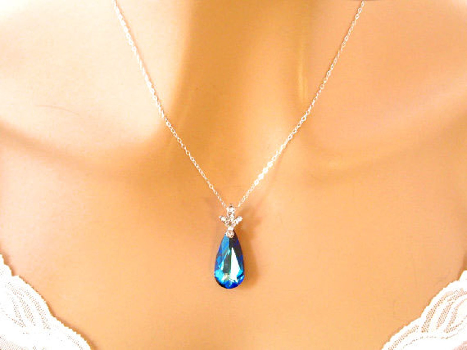 Blue Crystal Necklace Blue Bridesmaid Jewelry Swarovski Blue | Etsy