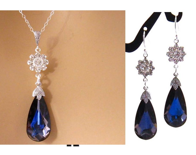 Ocean Blue Jewelry Set CZ Royal Blue Necklace Earrings Dark Blue Bridal ...