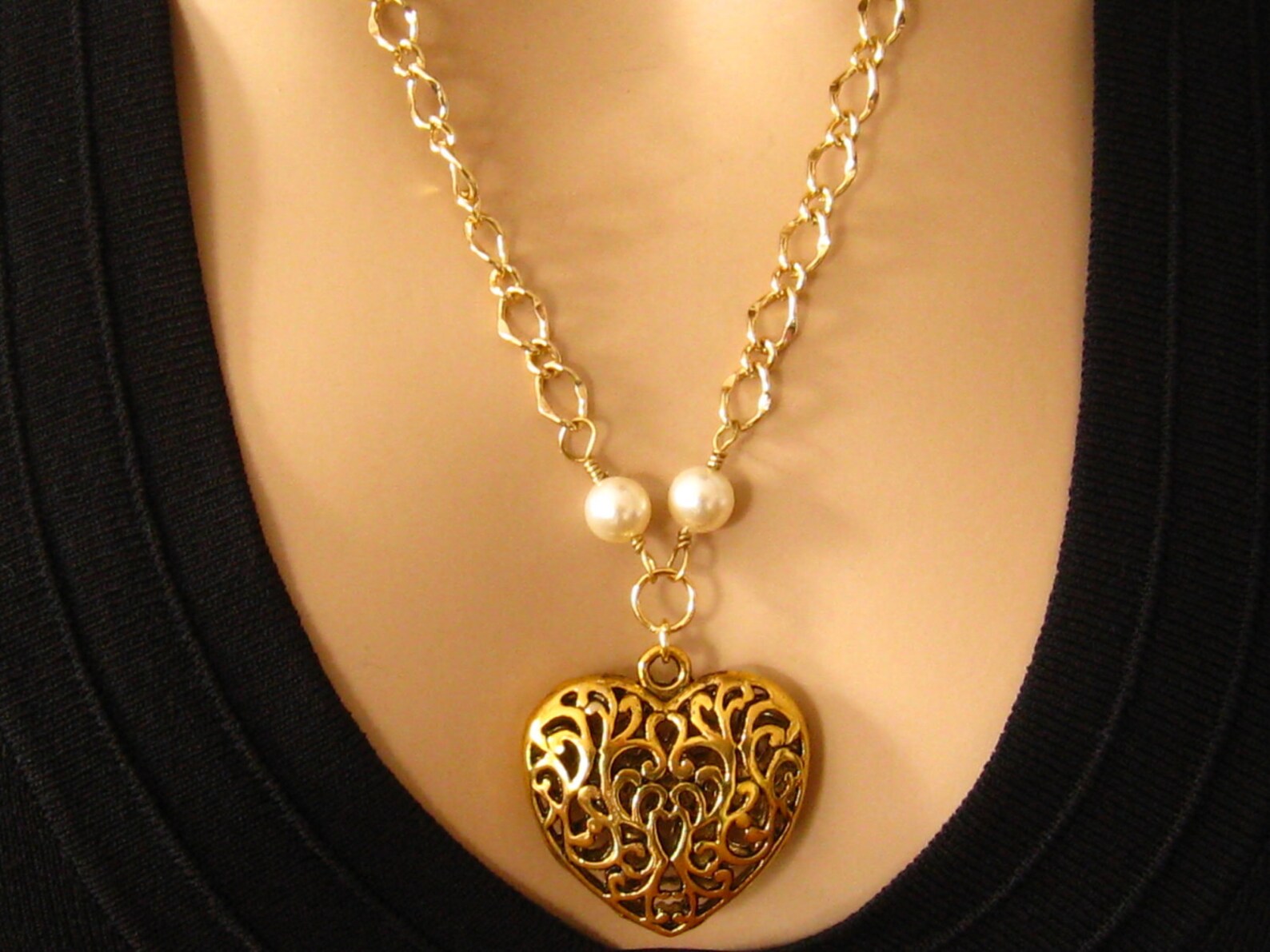 Large Gold Heart Necklace: Victorian Antiqued Gold Filigree | Etsy