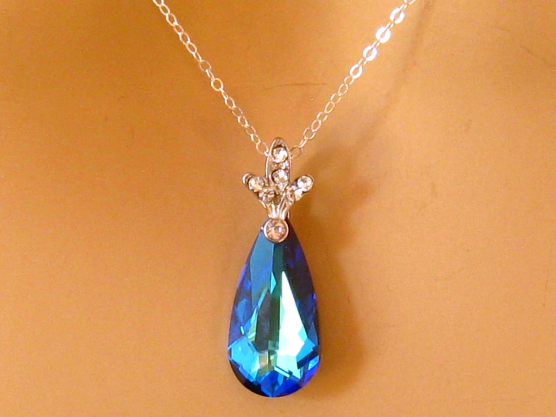 Blue Crystal Necklace Blue Bridesmaid Jewelry Swarovski Blue | Etsy