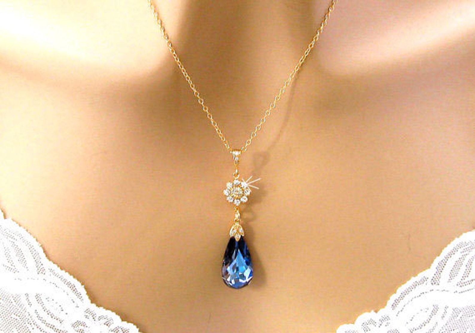 Ocean Blue Necklace CZ Royal Blue Necklace Swarovski Wedding - Etsy