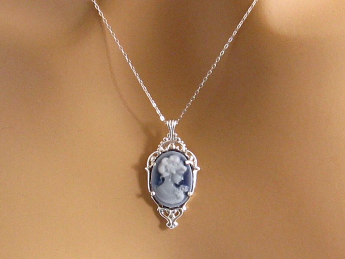 Blue Cameo Necklace: Victorian Woman Small Blue Cameo - Etsy