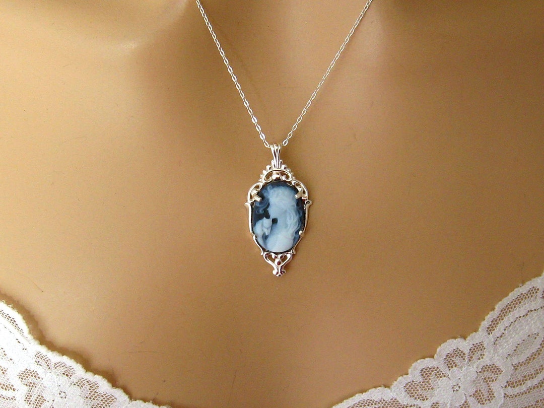 Real Cameo: Blue Cat Cameo Necklace, Woman With Kitten, Sterling Silver ...