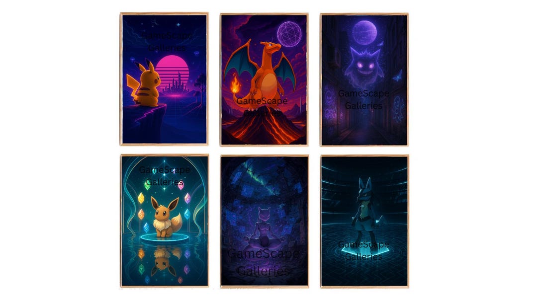 Neon Pokemon Poster Set | 6 Digital Prints | Glowing Game-inspired Wall ...