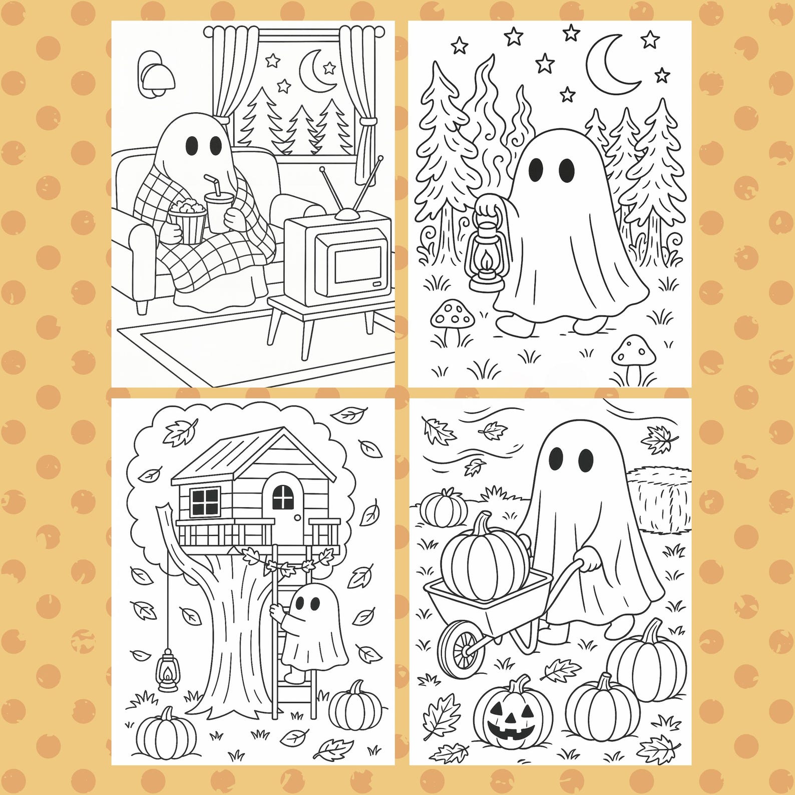 Cute Ghost PDF, Cozy Kids & Adult Coloring Pages, Halloween Activities ...