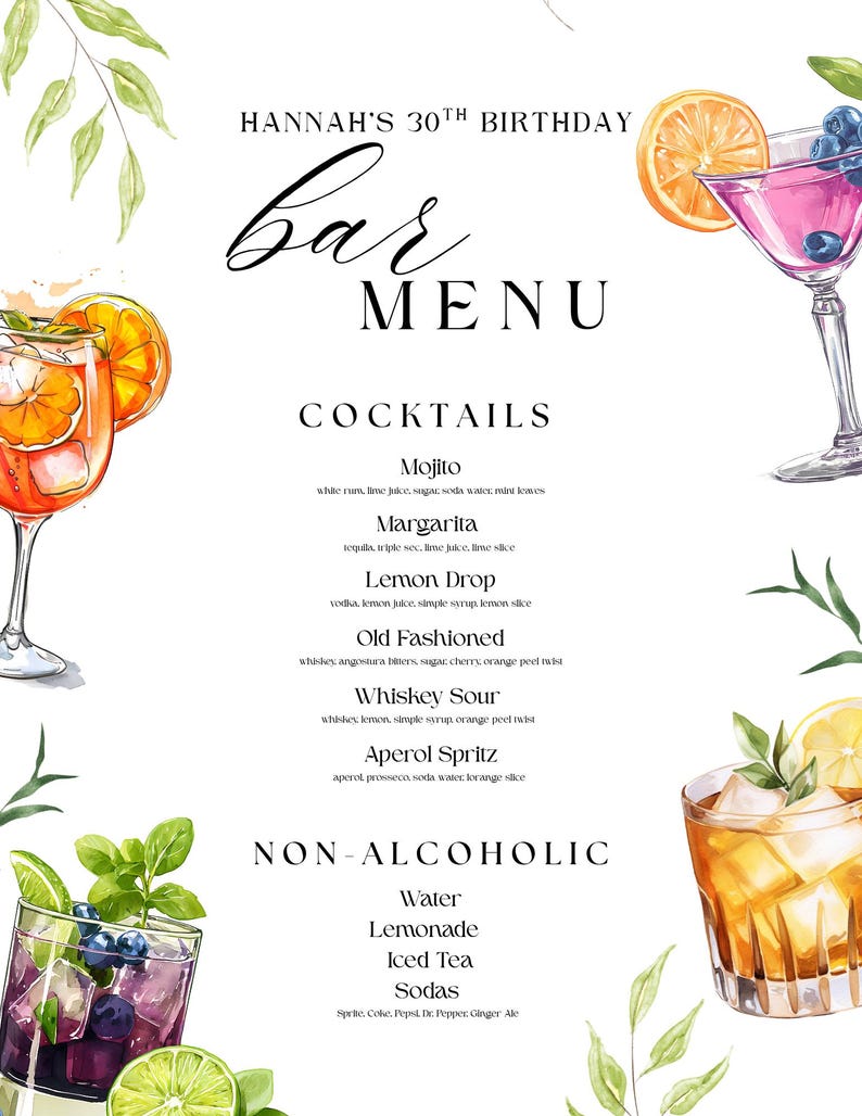 Editable Bar Menu Template + Free Welcome Sign | Botanical Cocktail ...