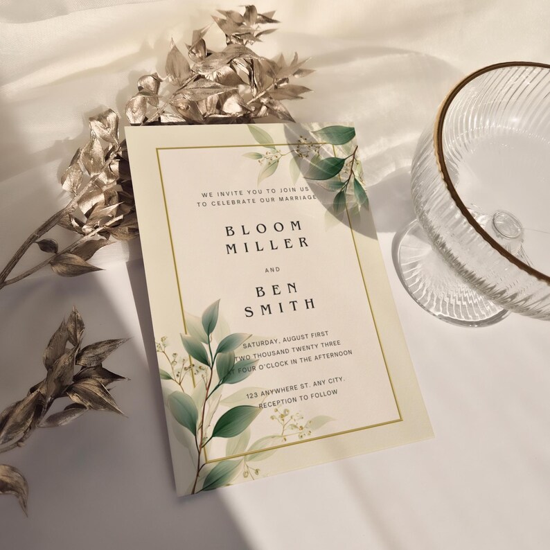Minimalist Greenery Wedding Invitation Template: Elegant Botanical ...