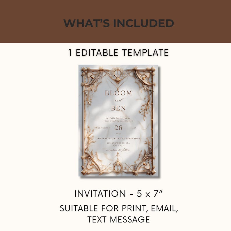 Elegant Wedding Invitation: Gold Filigree Frame, Marble Background ...