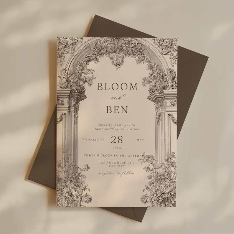 Vintage Wedding Invitation: Cream Floral Arch, Line Art Frame (canva ...