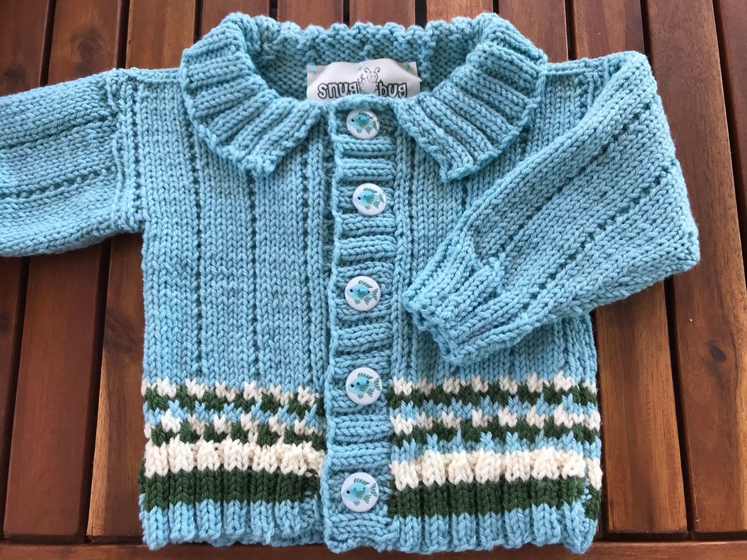 Suéter cardigan azul claro de lana Merino tejido a mano, 6-9 meses ...