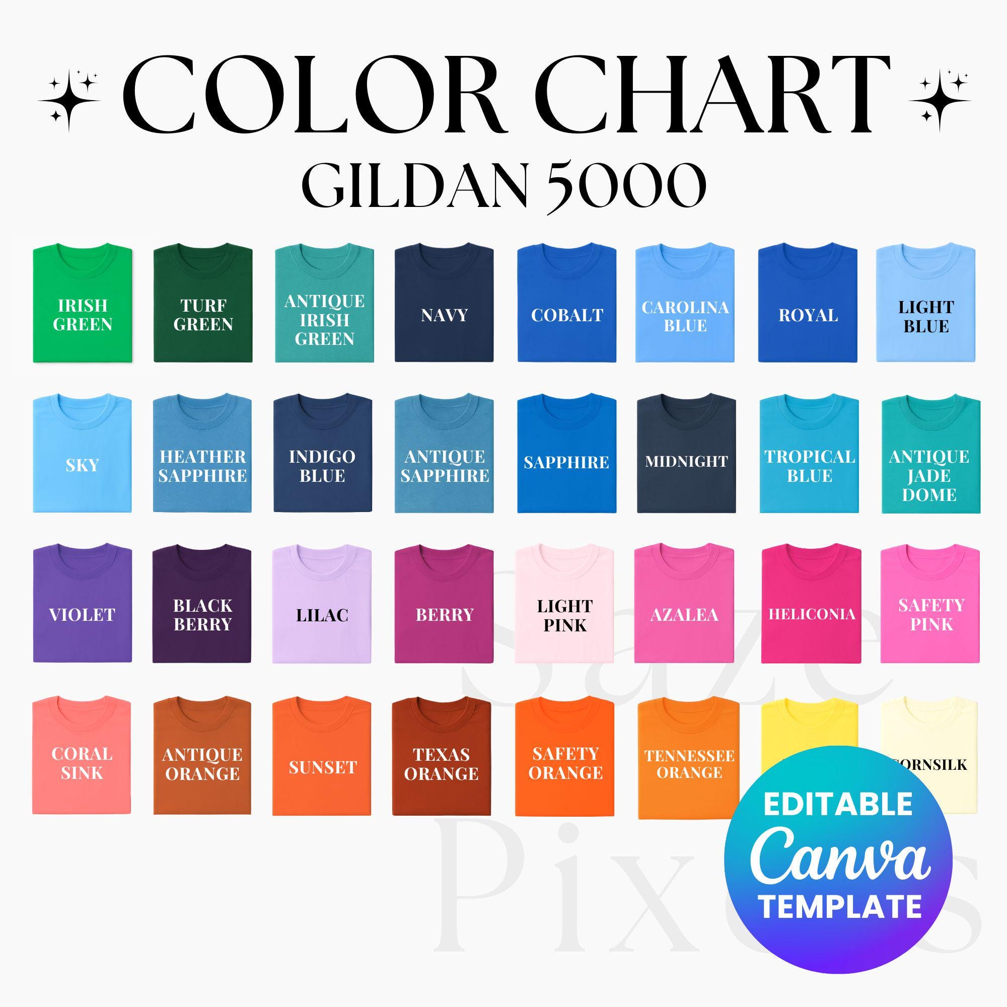 Editable Gildan 5000 Color Chart, Gildan 5000 Editable Canva Color ...