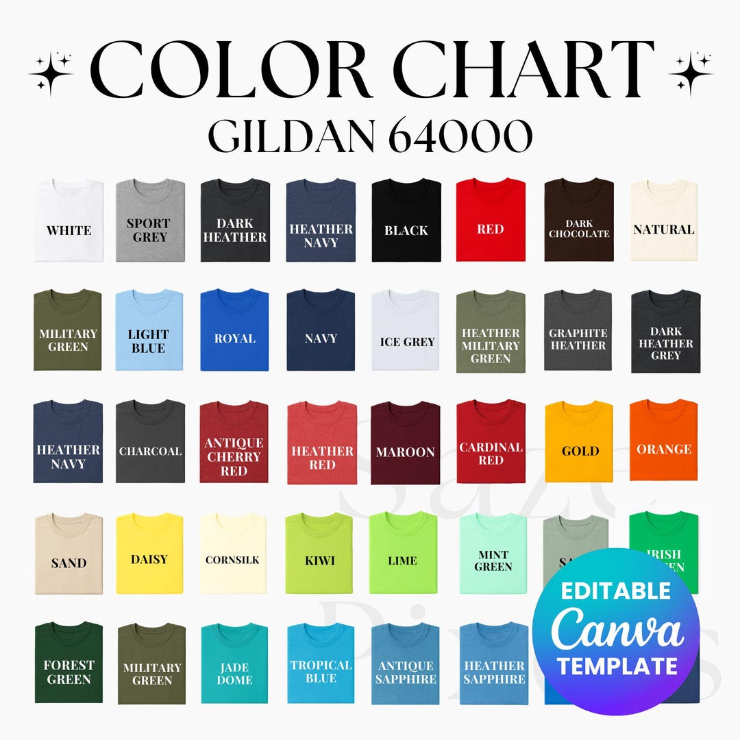 Editable Gildan 64000 Color Chart, Gildan 64000 Editable Canva Color ...